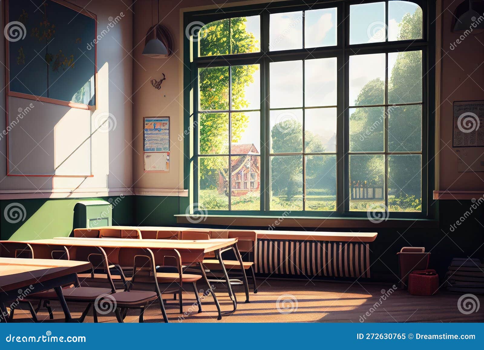 Empty School Classroom, with View of the Playground and Park Beyond, on ...