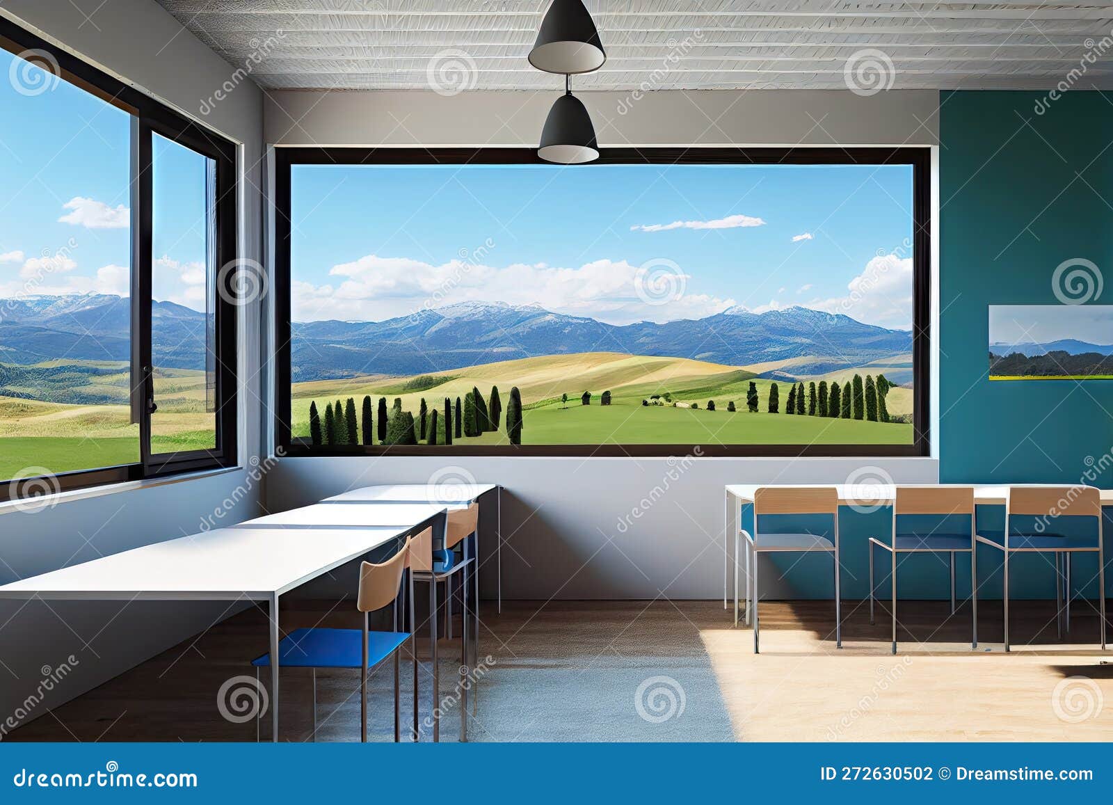 Empty School Classroom with View of Rolling Hills and Blue Sky, Ideal ...