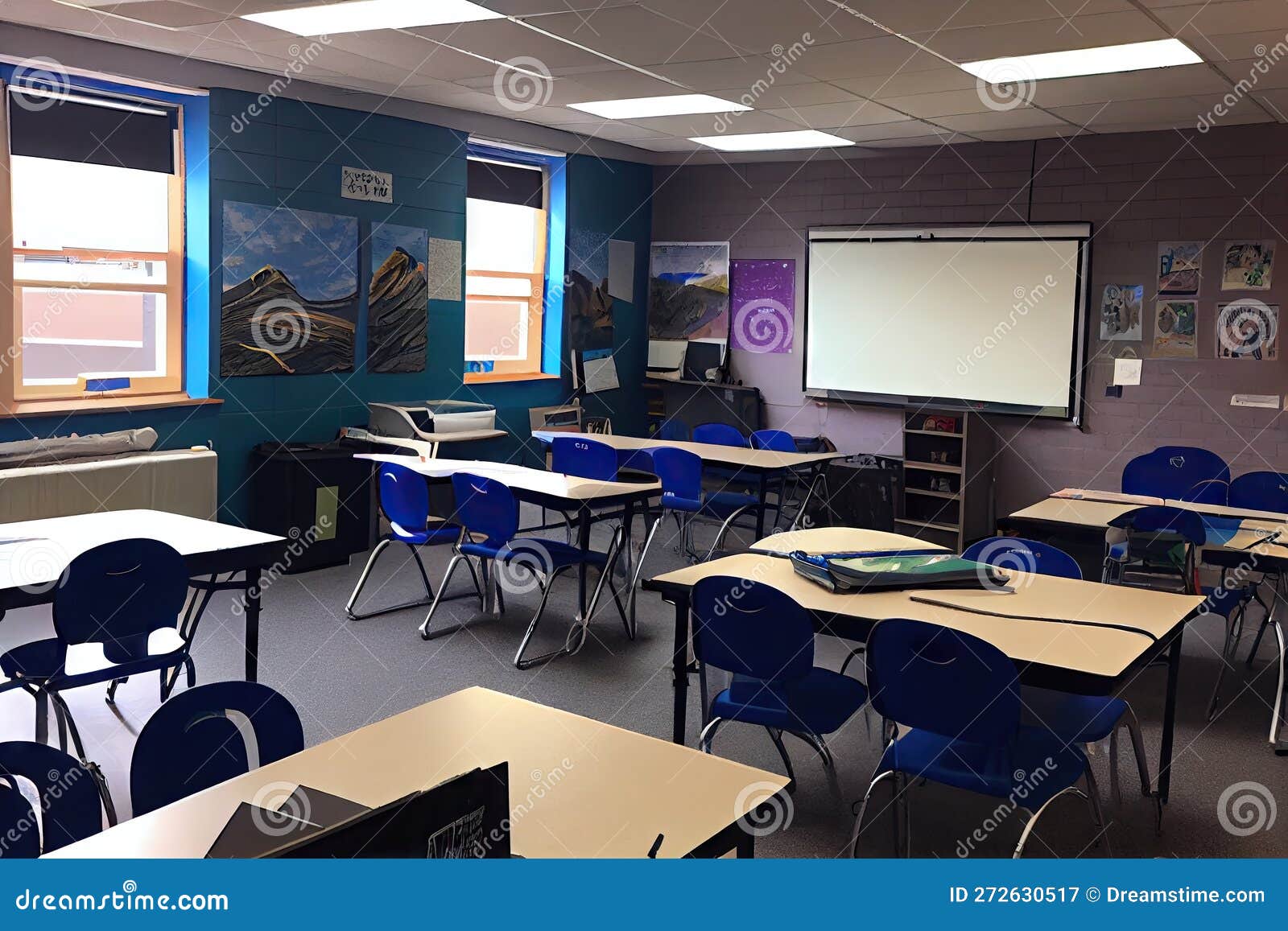 Empty School Classroom, with View of Students Artwork and Project ...