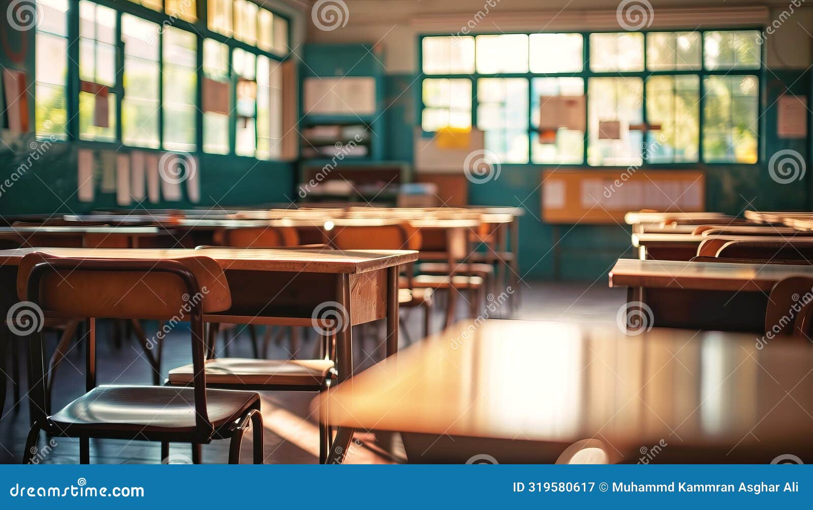 Empty School Classroom without Young Student. Blurry View of Elementary ...
