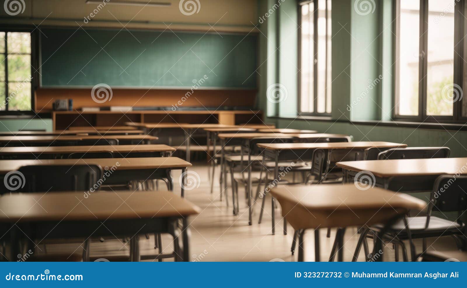 Empty School Classroom without Young Student. Blurry View of Elementary ...