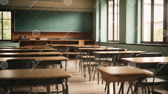 Empty School Classroom without Young Student. Blurry View of Elementary ...