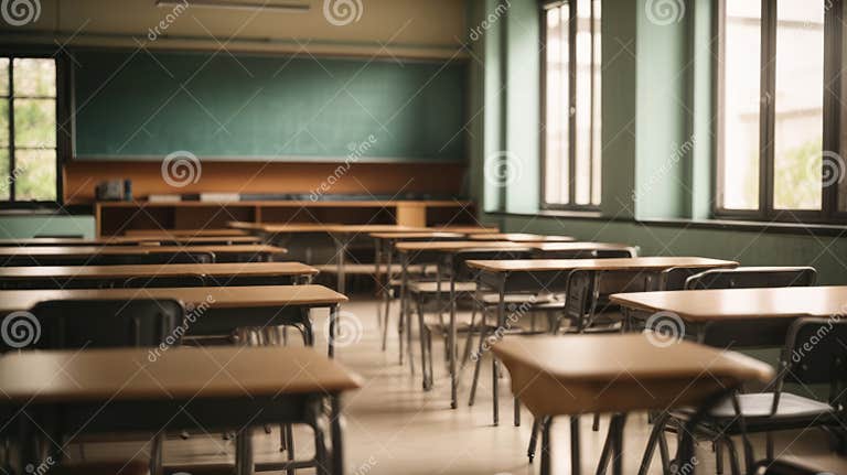 Empty School Classroom without Young Student. Blurry View of Elementary Class Room Stock ...