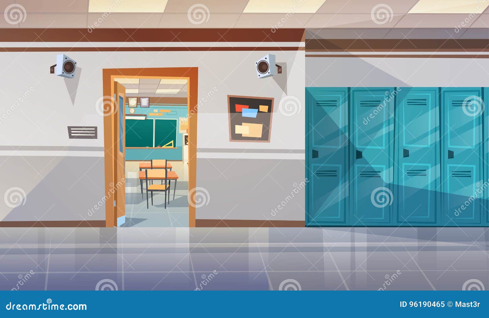 Empty School Corridor with Lockers Hall Open Door To Class Room Stock ...
