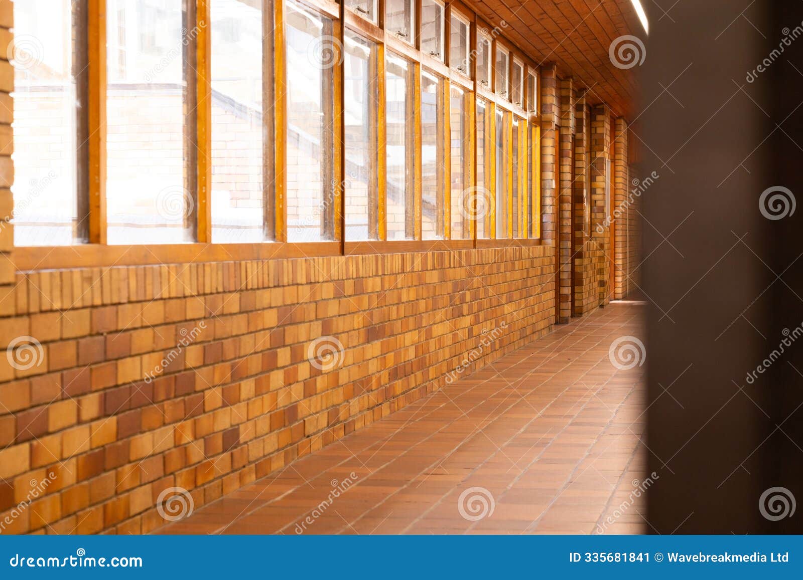 Empty School Hallway with Brick Walls and Large Windows, Bright and ...