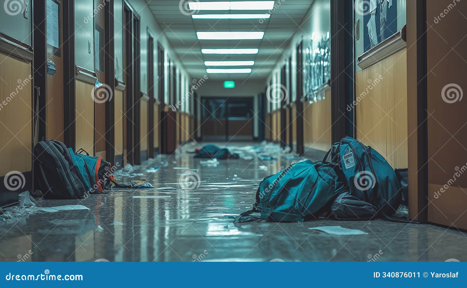 Messy School Hallway after Class Backpacks Scattered Across the Floor ...
