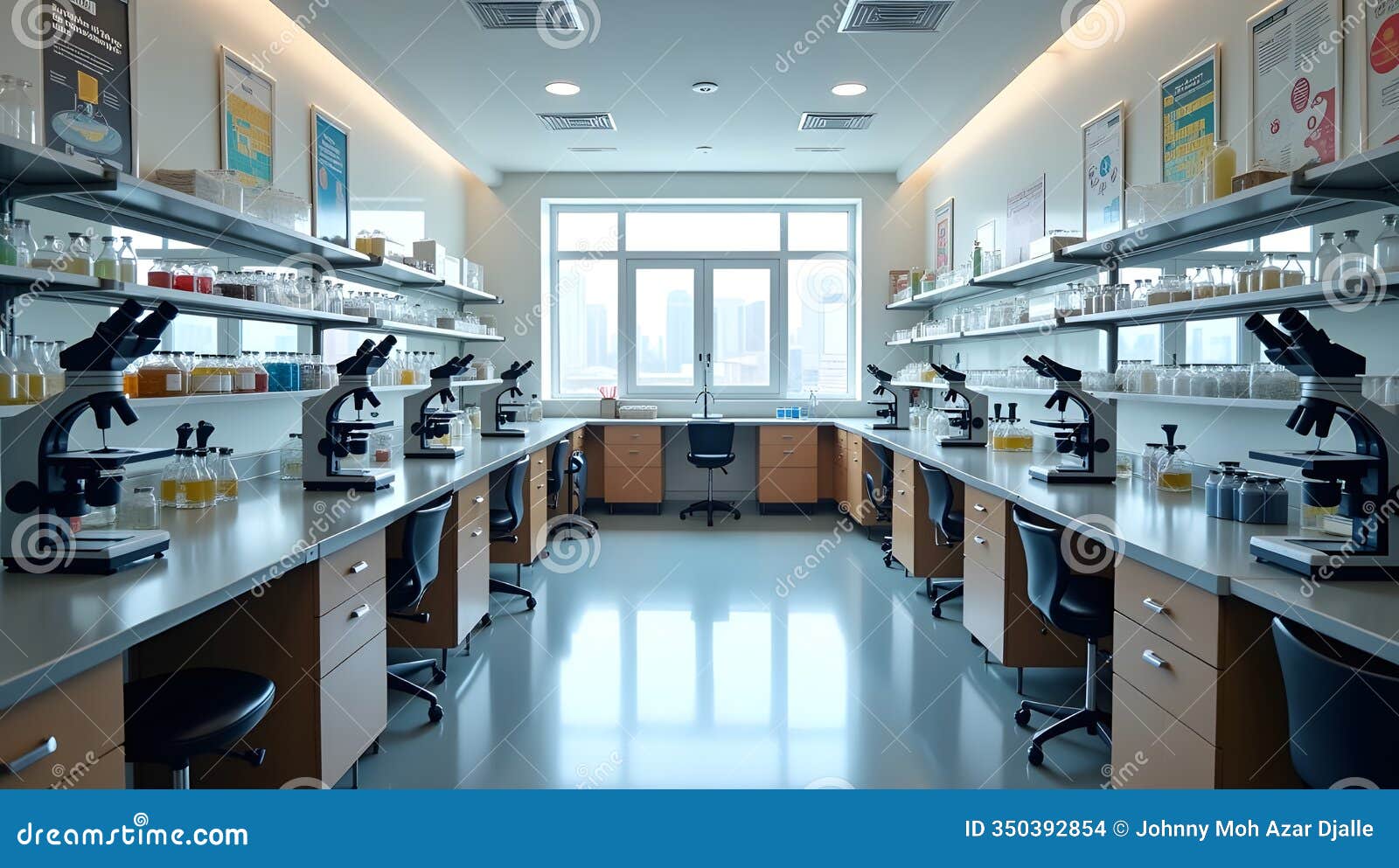 Empty Science Lab With Microscopes And Educational Posters On The Walls ...