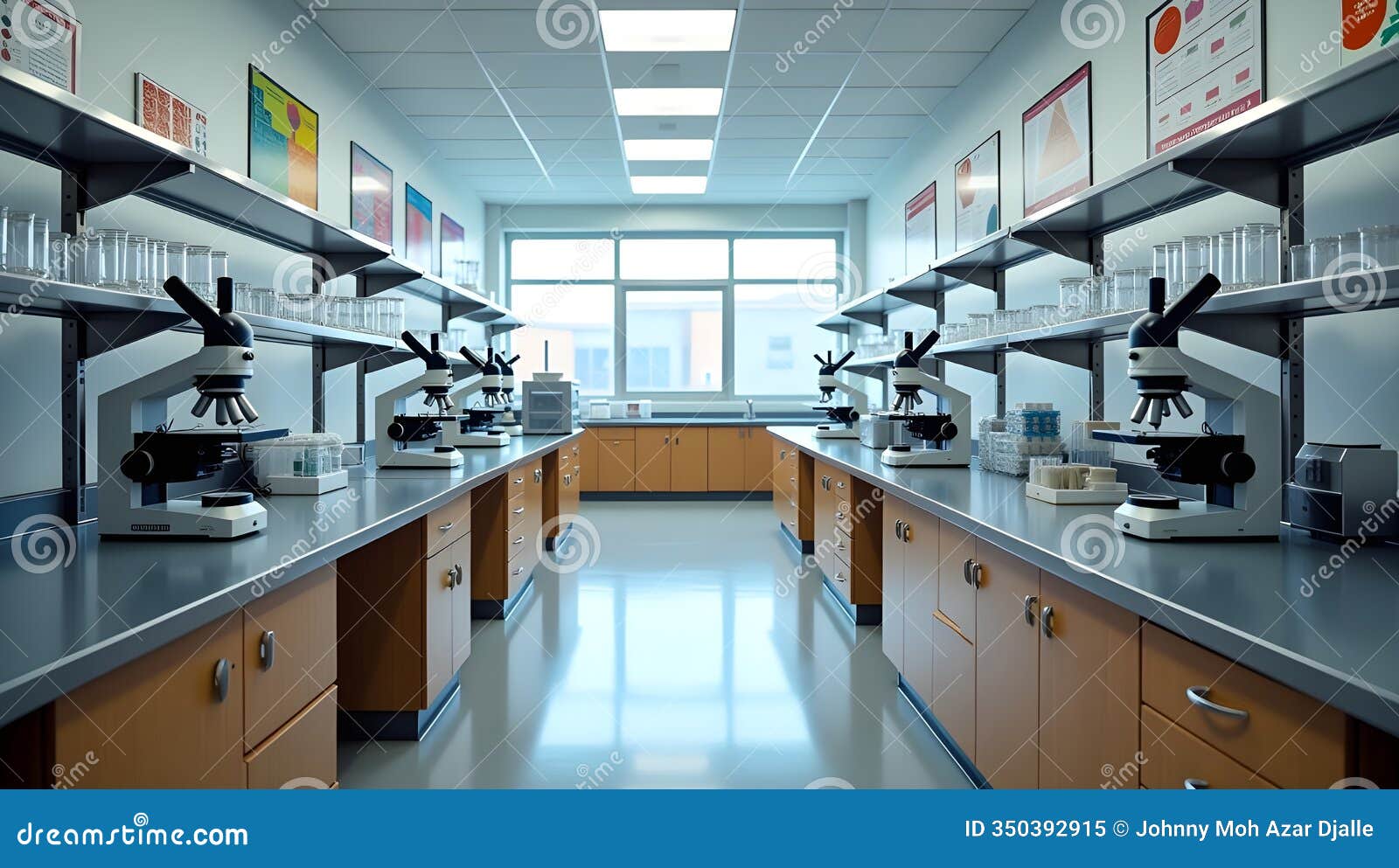 Empty Science Lab With Microscopes And Educational Posters On The Walls ...