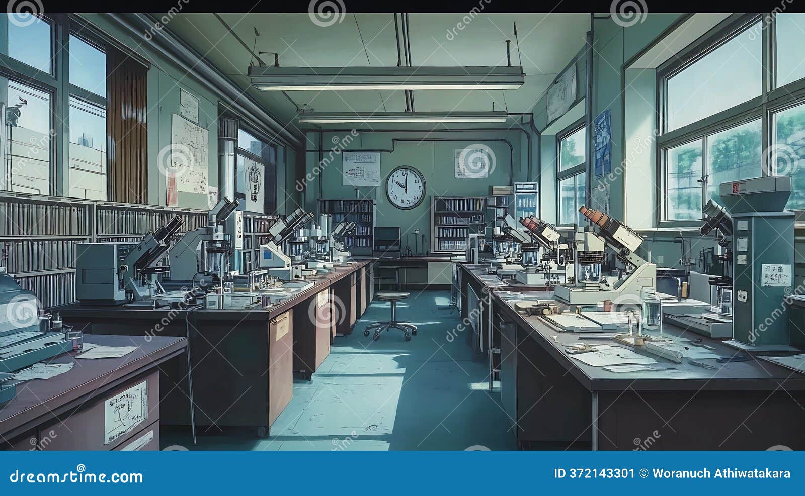 Empty Science Lab With Microscopes And Educational Posters On The Walls ...