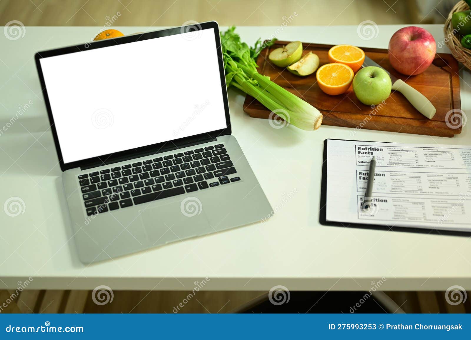 Empty Screen Laptop Computer with Fruit and Vegetable on Chopping Board ...