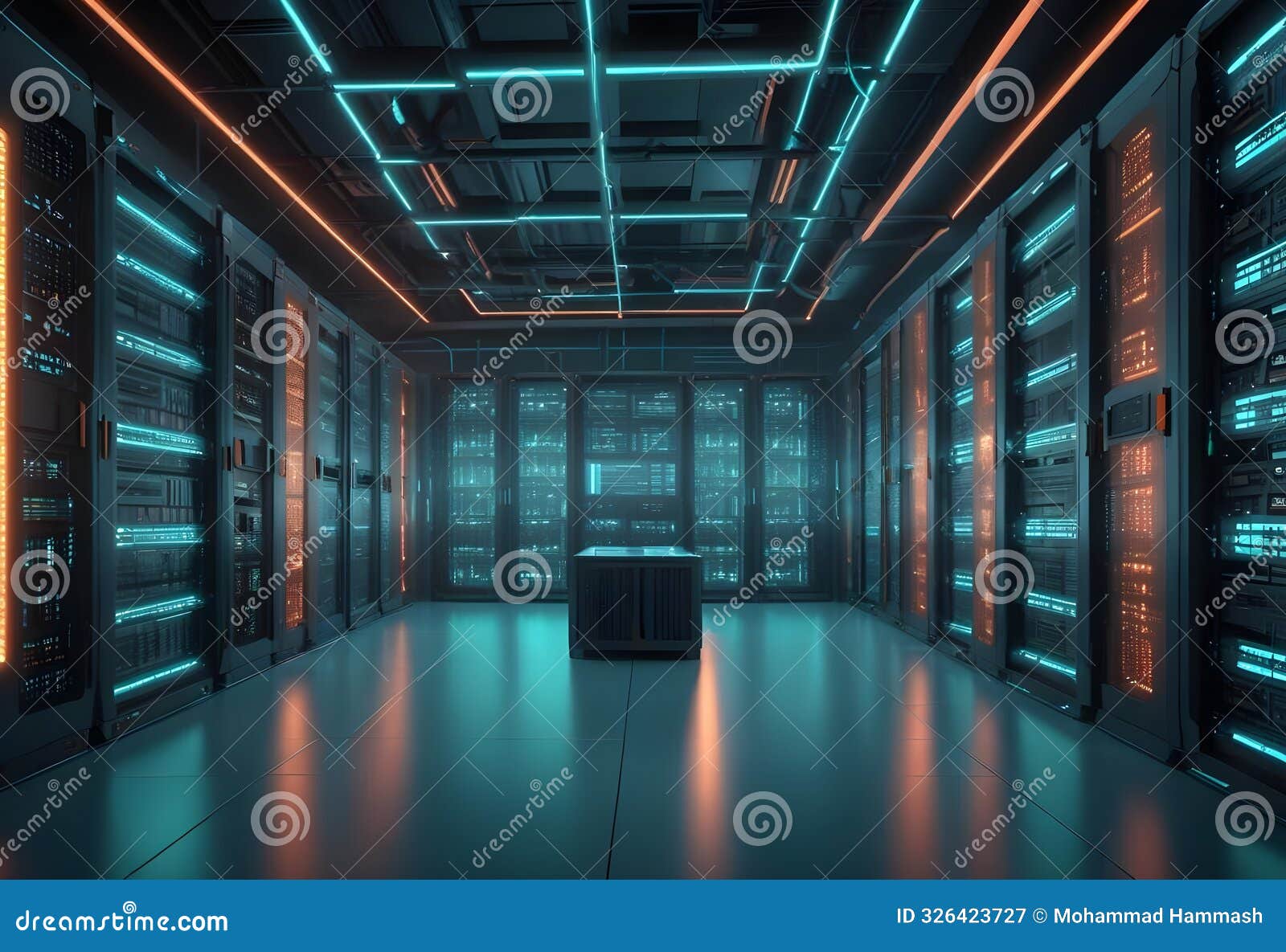 An Empty Server Room with Rows of Servers Illuminated by Blue and ...
