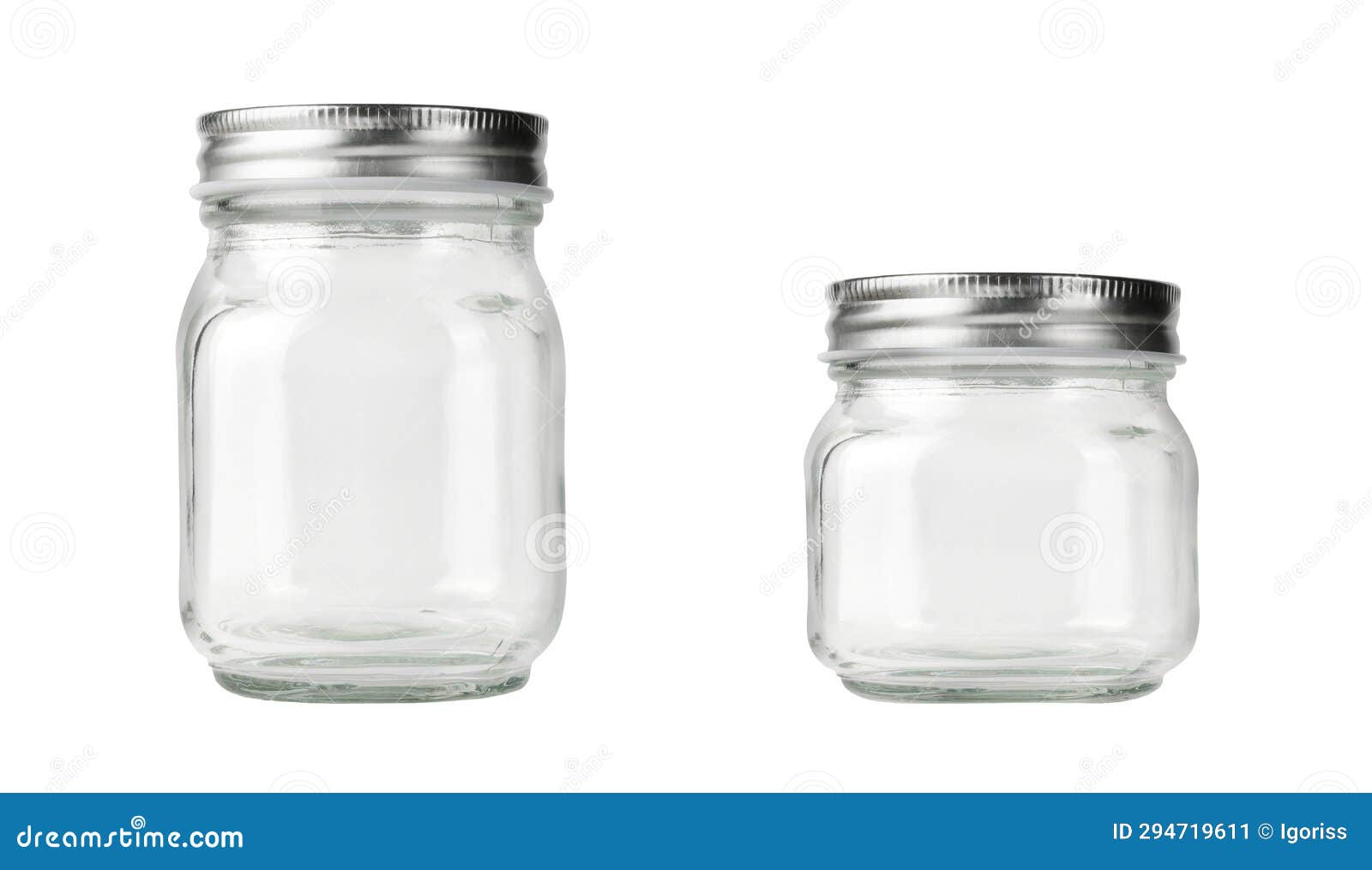 Empty Set of Two Glass Jars with Silver Lid Isolated on White. Stock ...