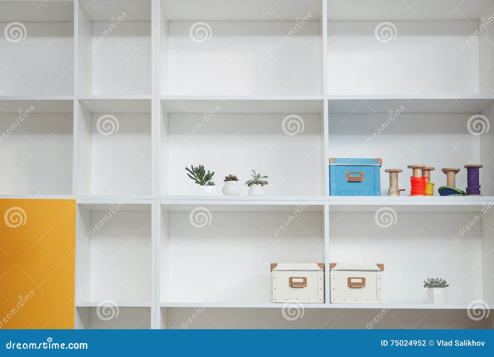 Empty Shelves in White Wooden Rack Stock Photo - Image of bookcase ...