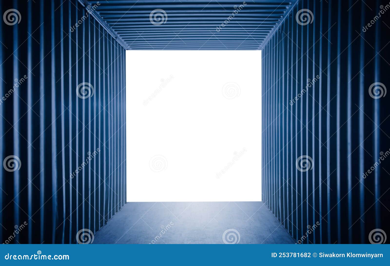 Empty Shipping Cargo Container. Dark Room Space Opening White Backdrop ...