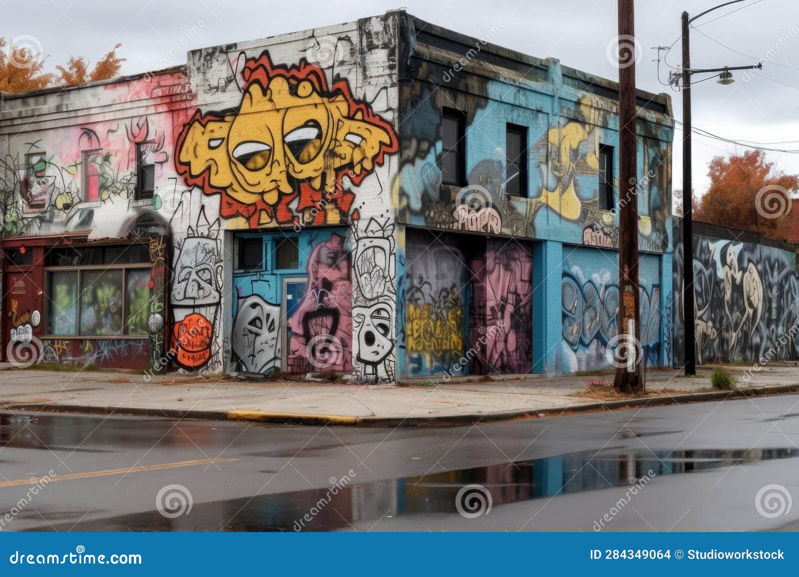 Empty Shops with Broken Windows and Graffiti-covered Walls Stock ...