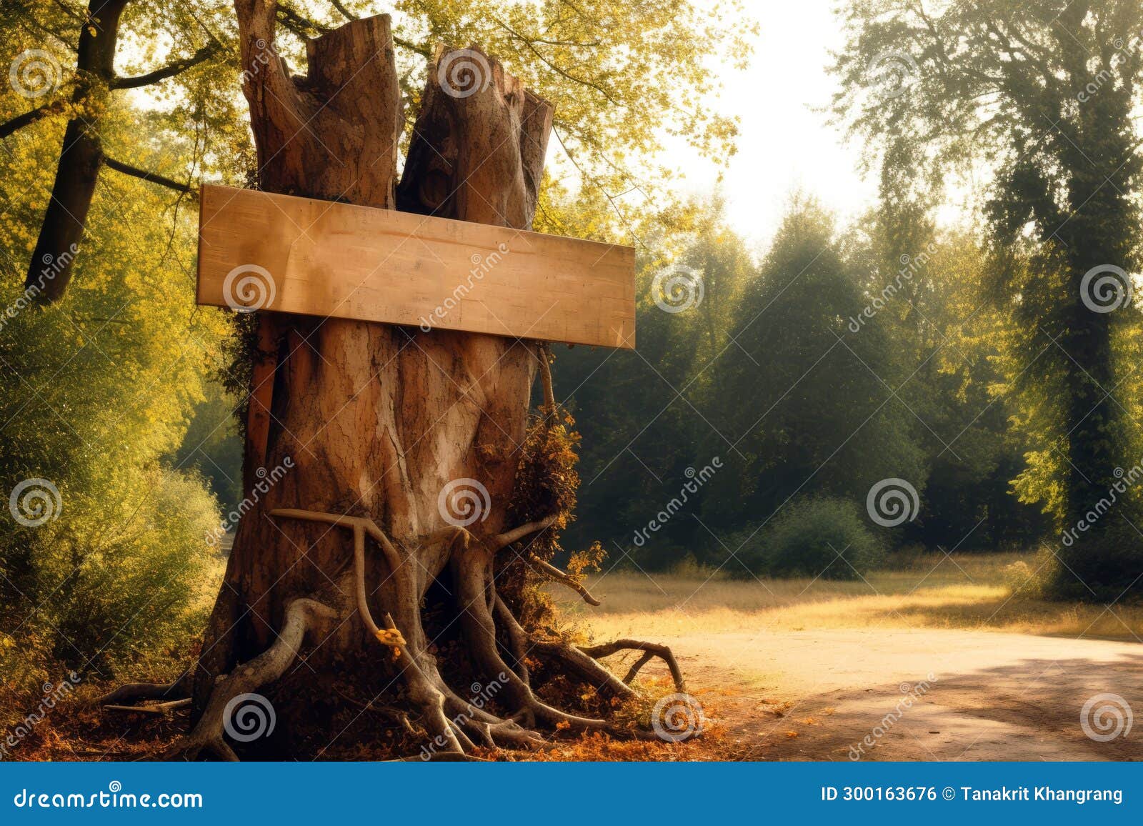 Empty Signboard with Old Tree Stump and Nature Forest Background. Stock ...
