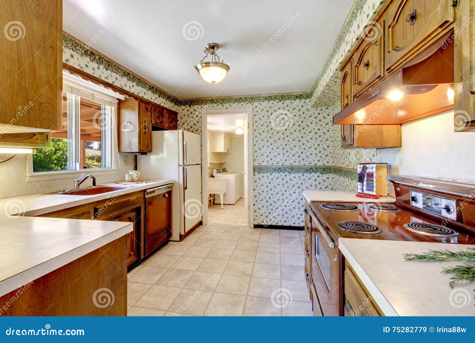 Empty Simple Old Kitchen in American Rambler. Stock Image - Image of ...
