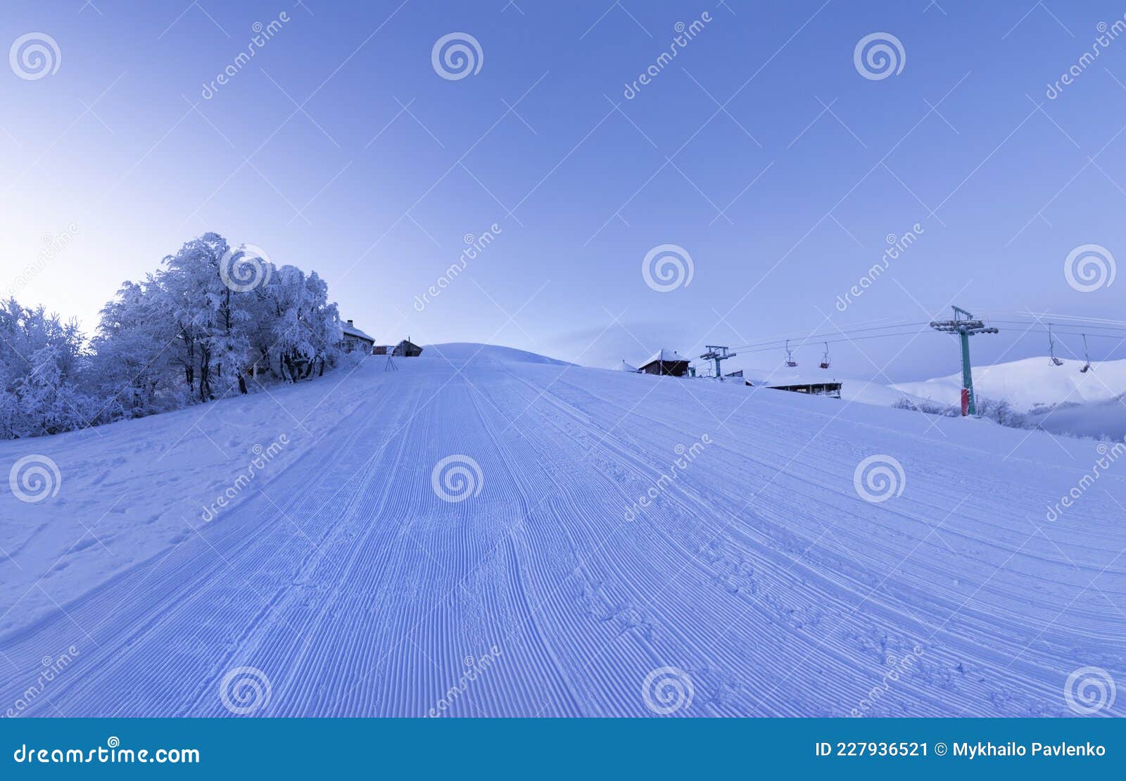 Dawn on an Empty Ski Slope. Panorama. Stock Image - Image of sunlight ...