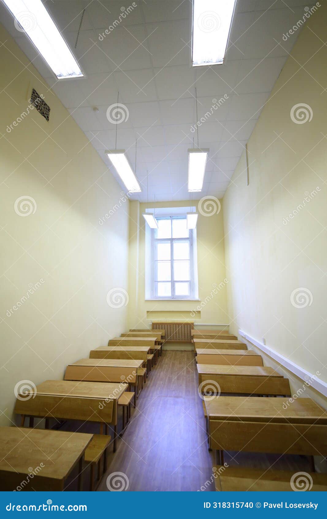 Empty Small Classroom with Wooden Tables for Stock Photo - Image of ...