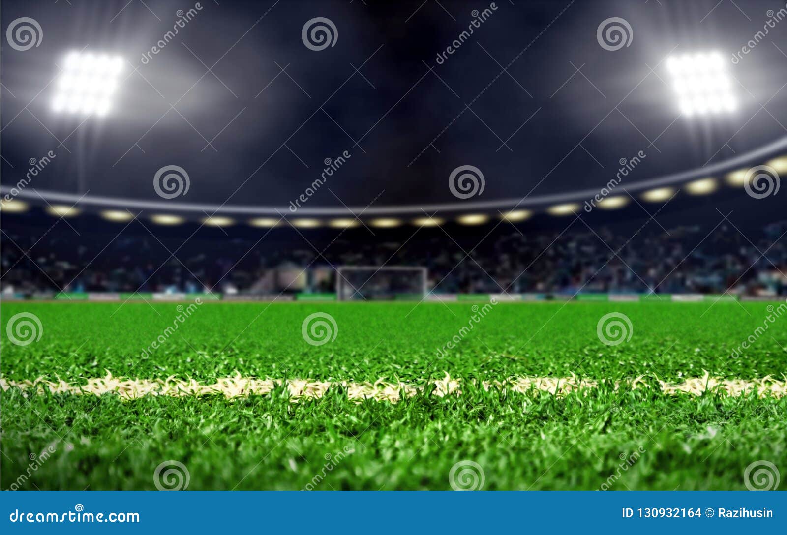 Soccer Field Stadium with Green Grass and Bright Spotlights at Night ...