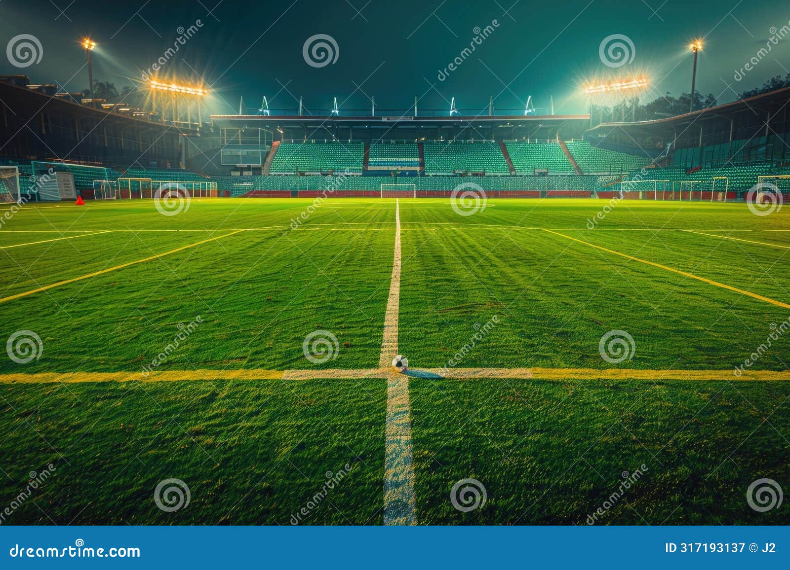 Empty Soccer Stadium at Night with Illuminated Field and Stands Stock ...