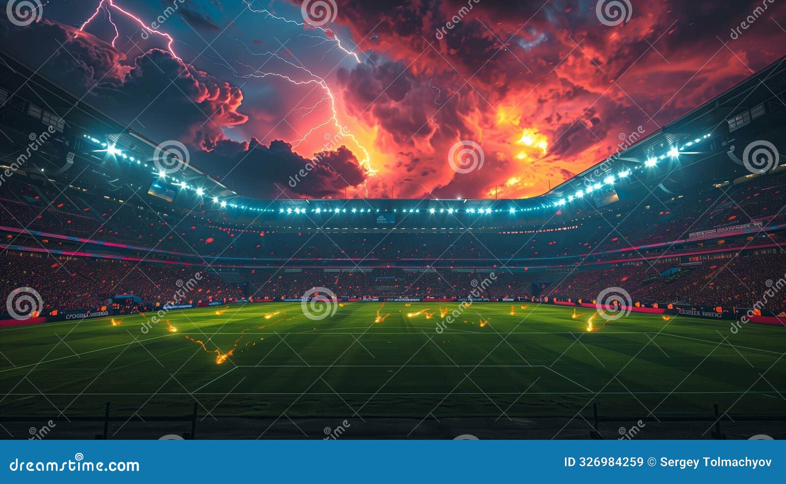 Empty Soccer Stadium Under Dramatic Lightning Storm Sky Stock Image ...