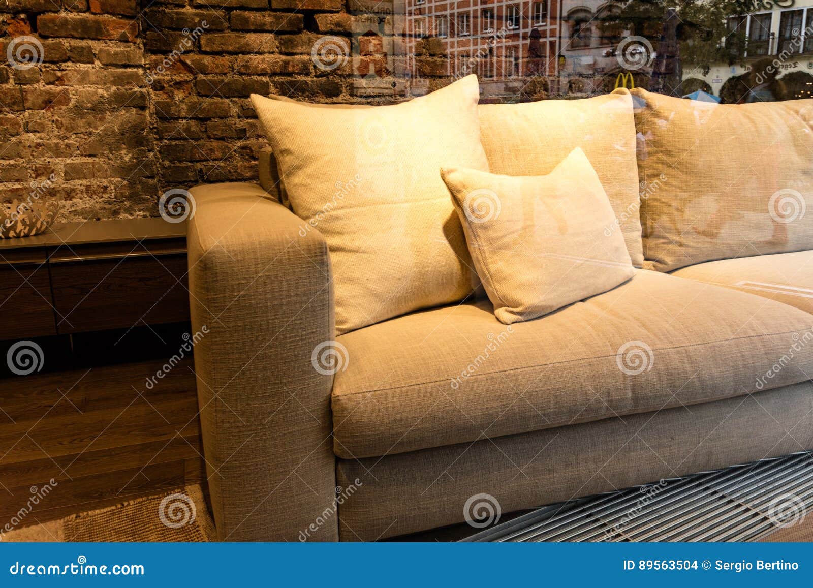 Empty sofa with pillows stock photo. Image of beige, lounge - 89563504