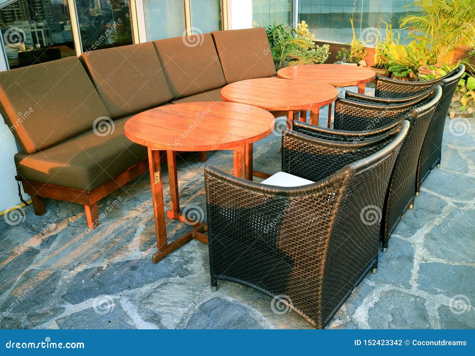 Empty Sofas and Chairs with Round Tables at the Rooftop Terrace Stock ...
