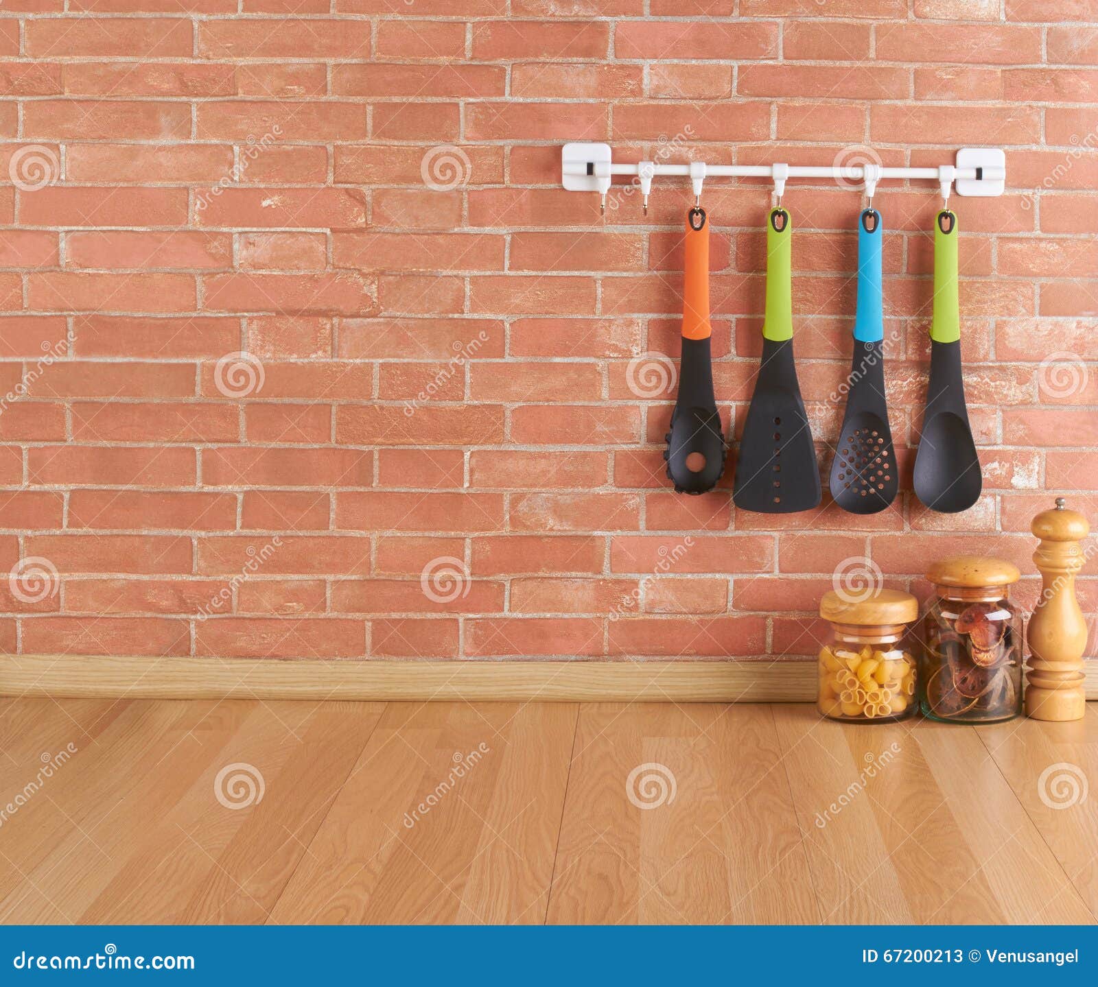 Empty Space on the Kitchen Counter with Utensils on Hooks Stock Image ...