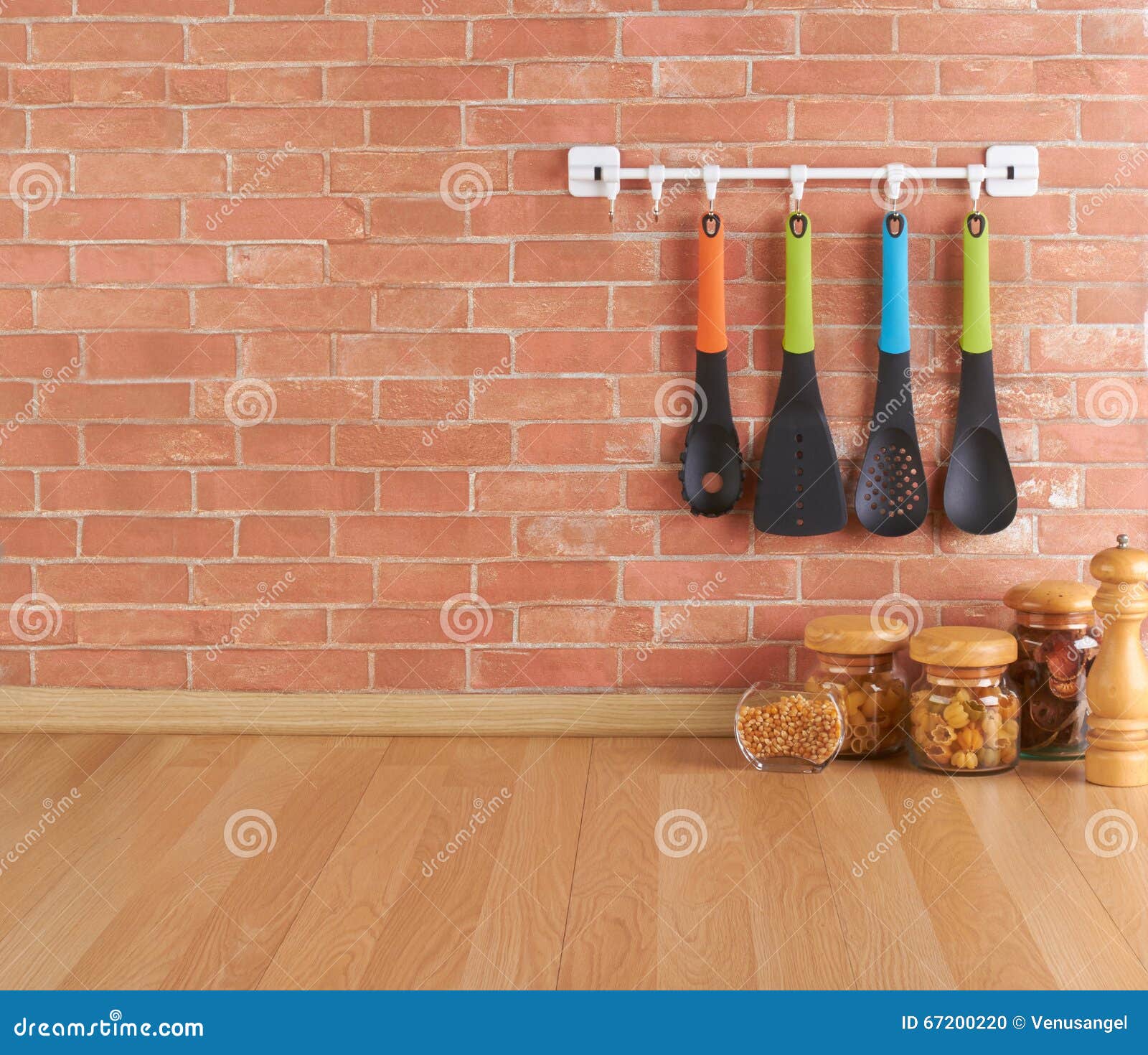 Empty Space on the Kitchen Counter with Utensils on Hooks Stock Photo ...