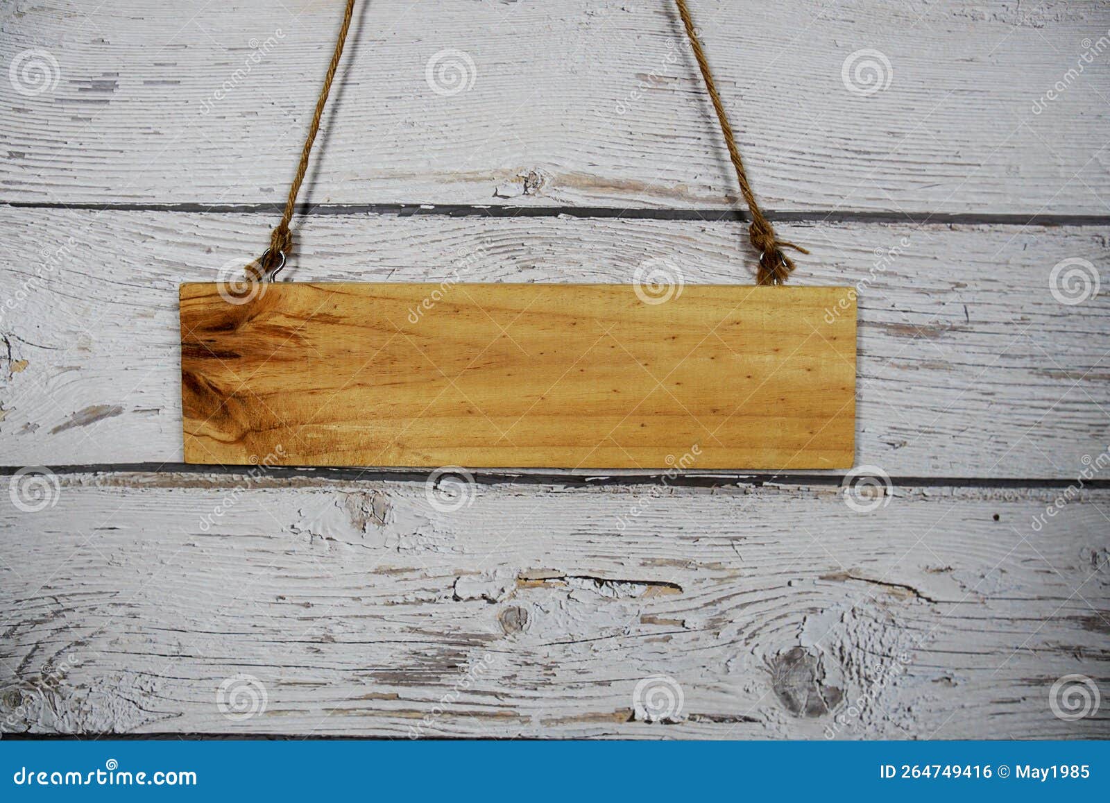 Empty Space of Wooden Sign Hanging with Rope on Wooden Background Stock ...