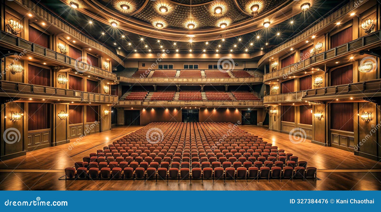 Empty Spacious Theater Stage with Rows of Seats Viewed from Front Row ...