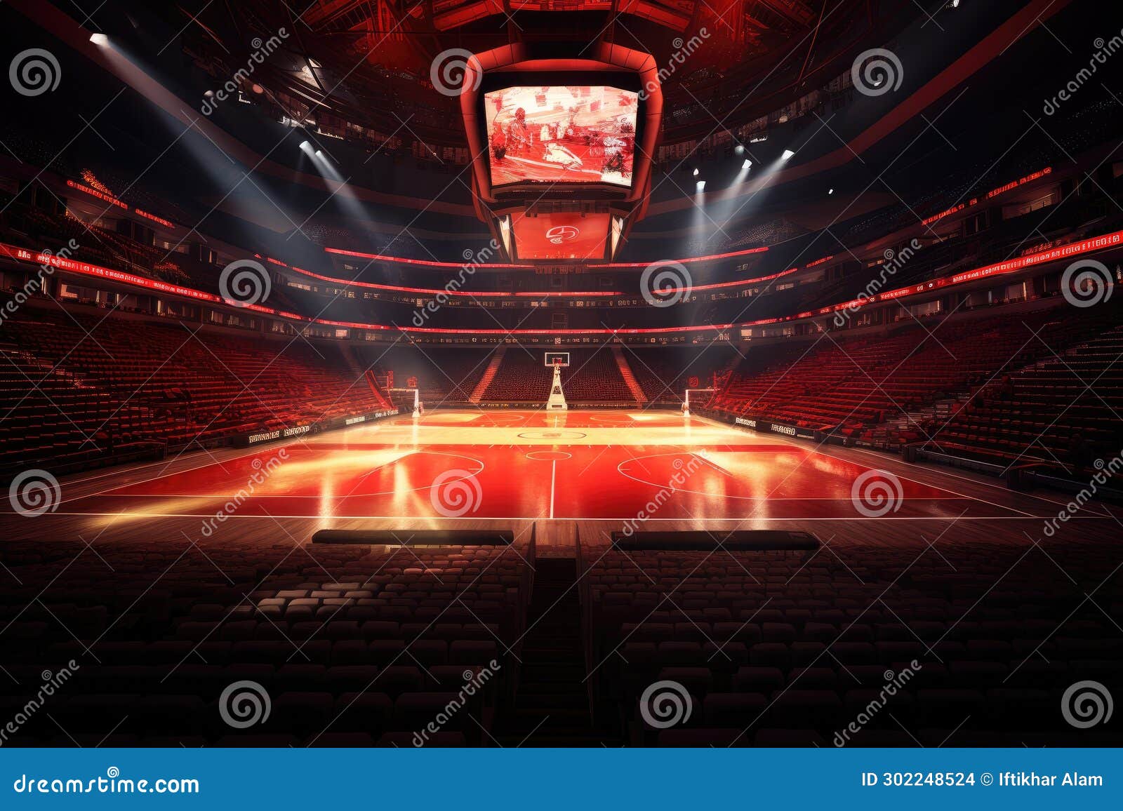 Empty Sports Arena with Red Seats and Spotlights. 3D Rendering, AI ...