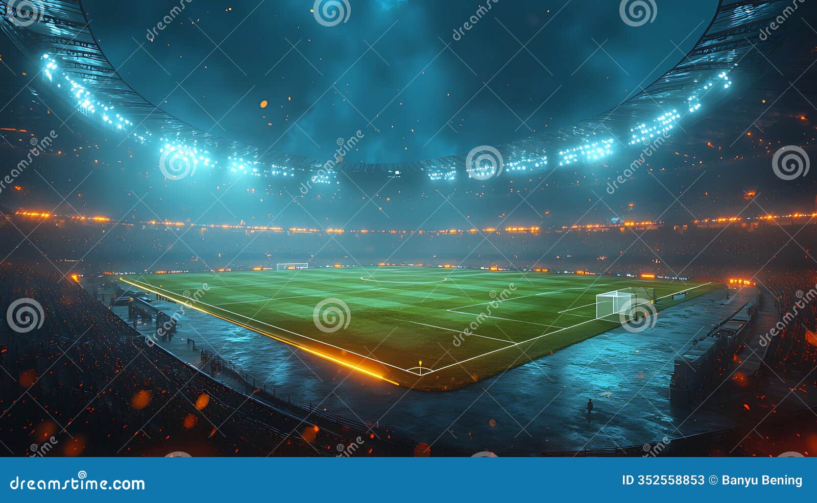 Empty Stadium with Bright Lights and a Football Pitch at Night Stock ...
