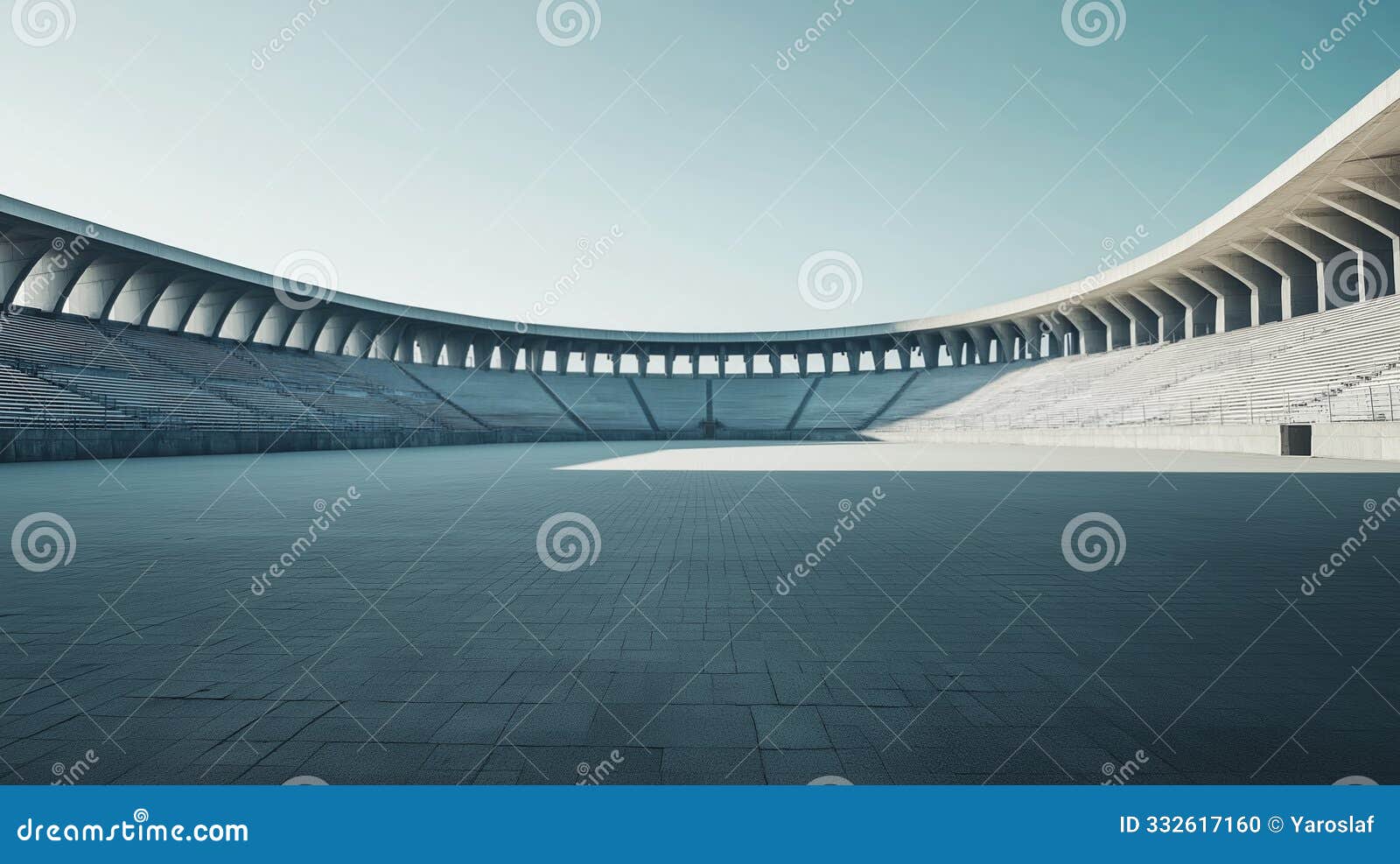 Empty Stadium with Curved Seating Rows Under a Clear Sky, Showing a ...