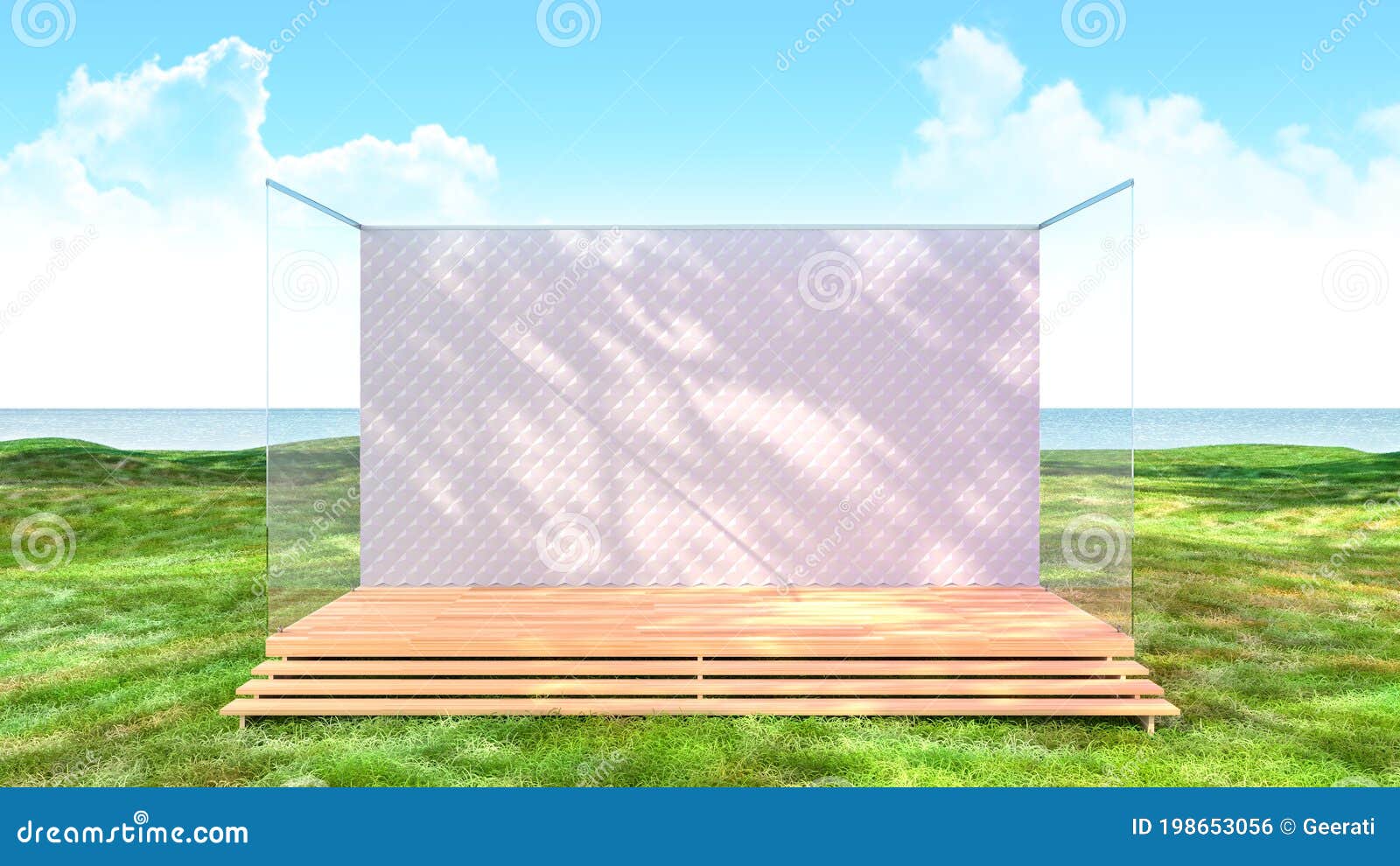 Empty Stage Backdrop Platform in Green Grass Field with Sea View ...