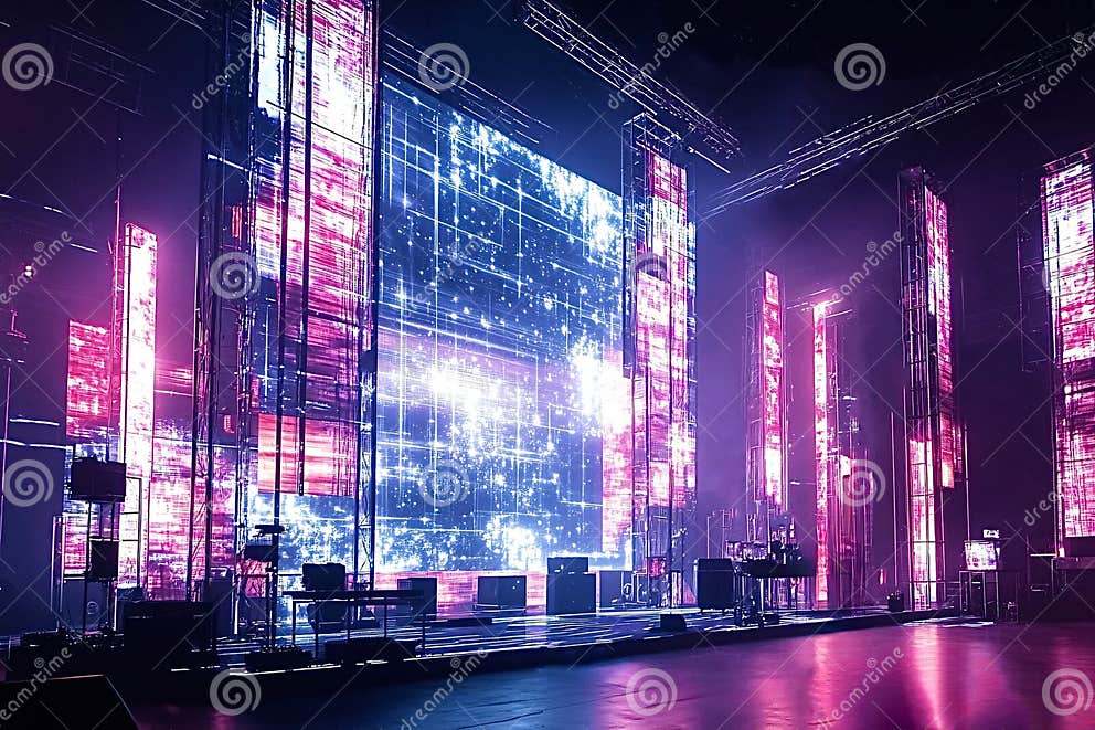 Empty Stage with Big Screen and Futuristic Scenery Displaying Data ...