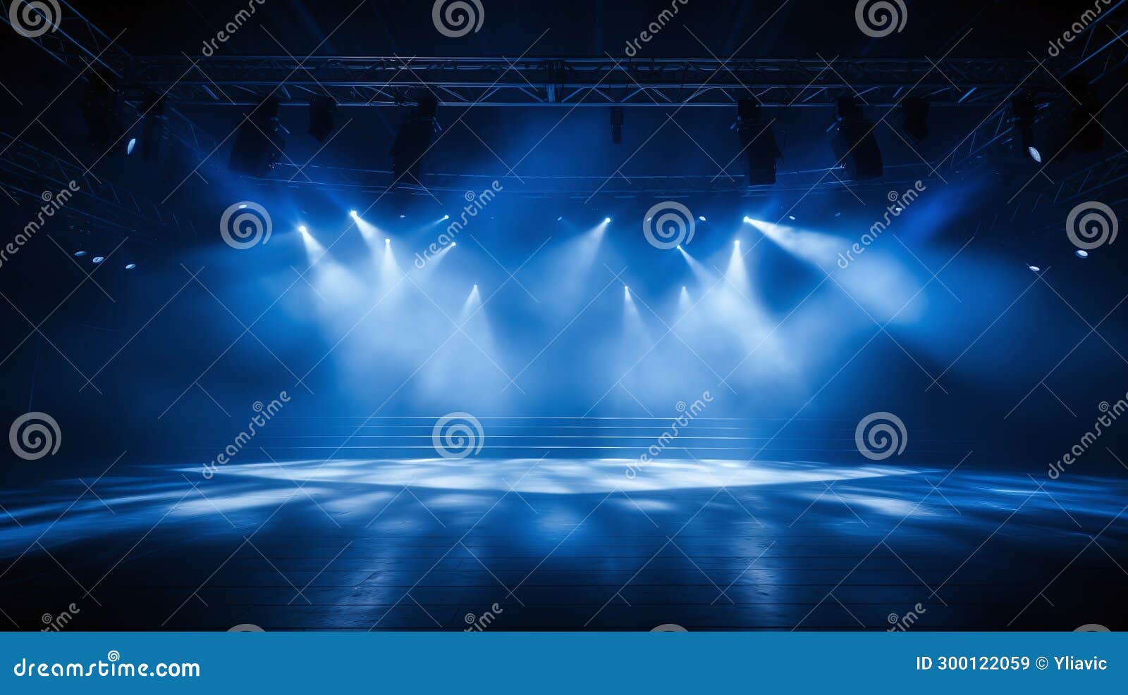 Empty Stage with Blue Lighting, Spotlight Effects, and Dark Atmosphere ...