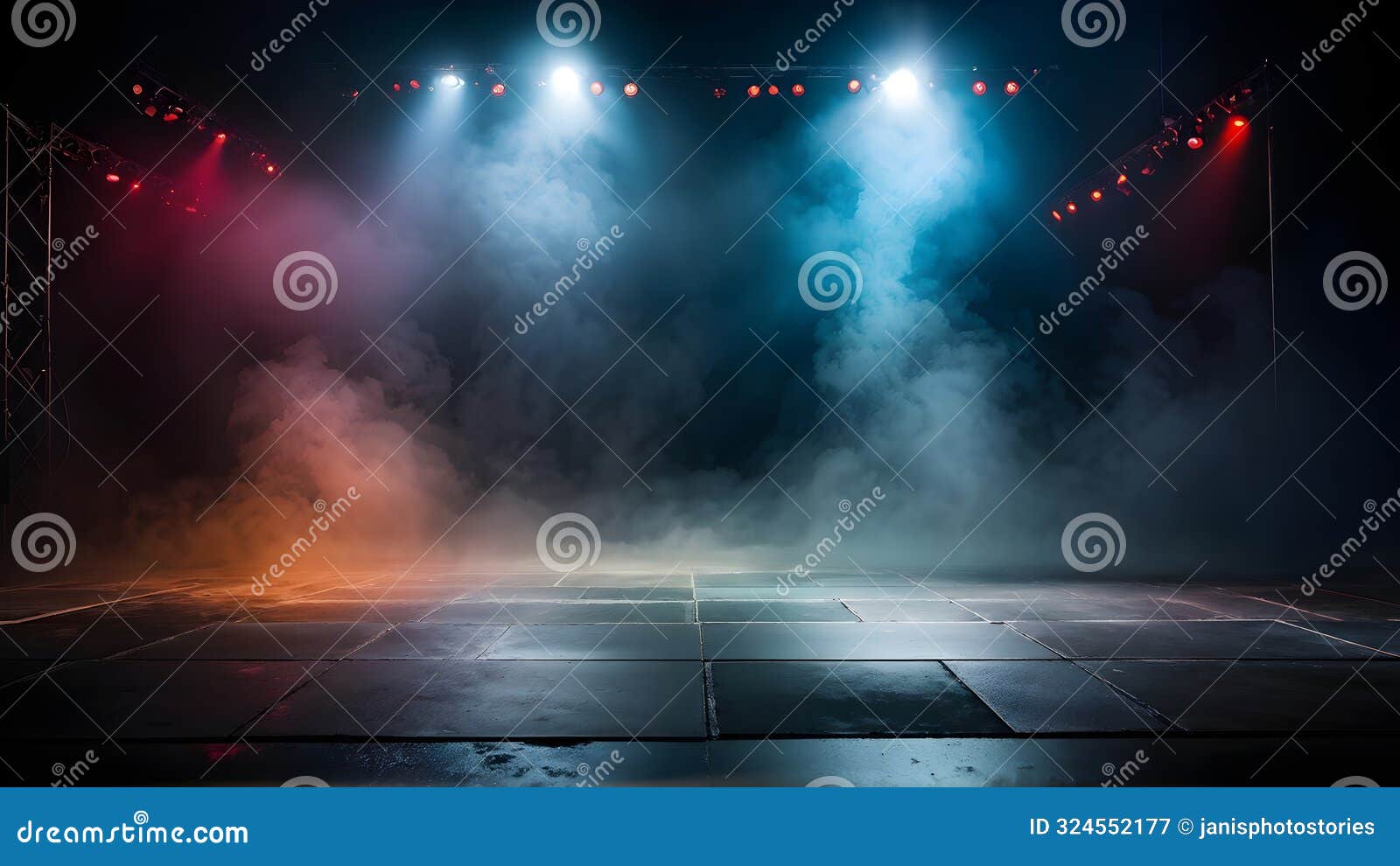 Empty Stage with Colorful Spotlights and Dramatic Fog Effects on Dark ...