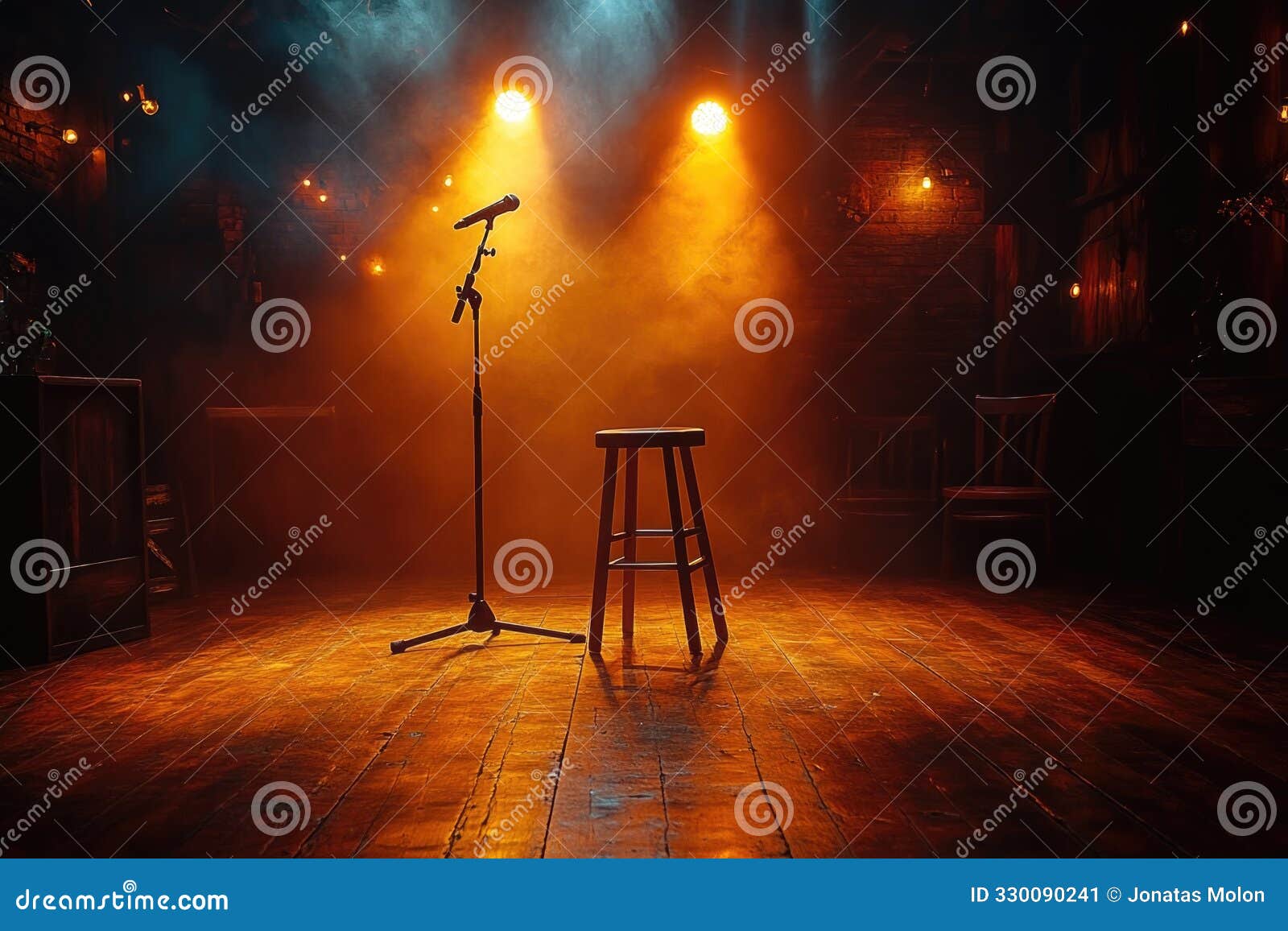 Empty Stage Featuring a Stool and Microphone Stand, Illuminated by ...