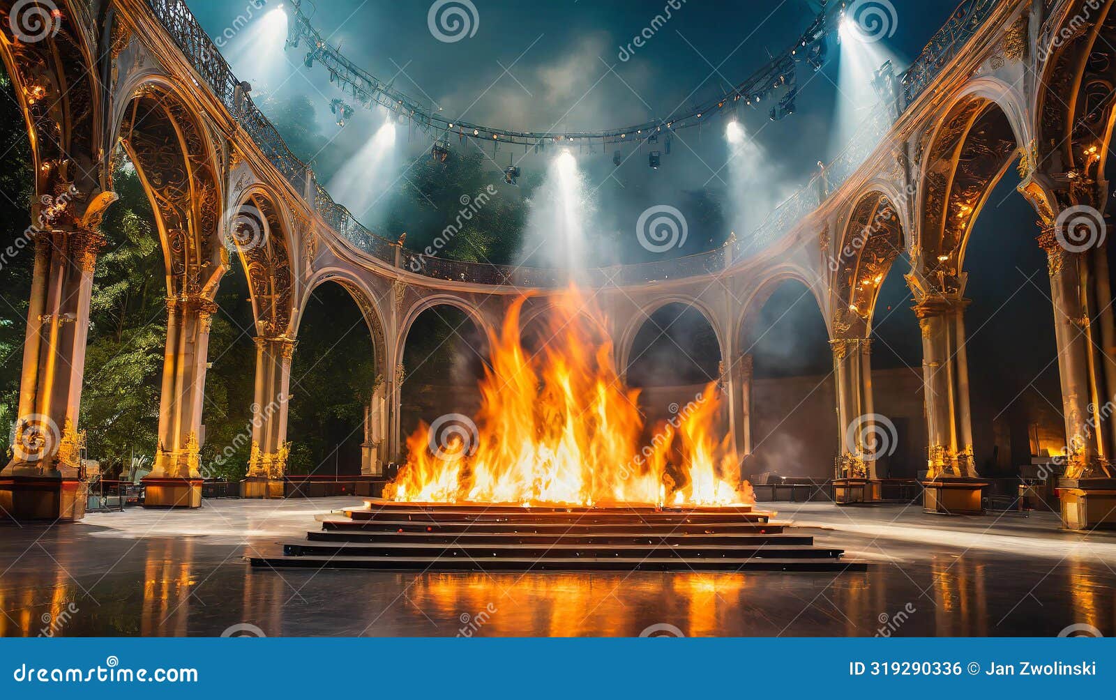 Empty Stage with Fire Flames instead of Lights Stock Illustration ...