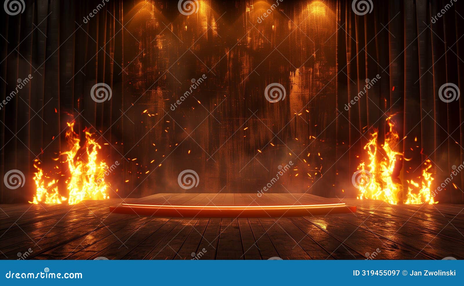 Empty Stage with Fire Flames instead of Lights Stock Illustration ...