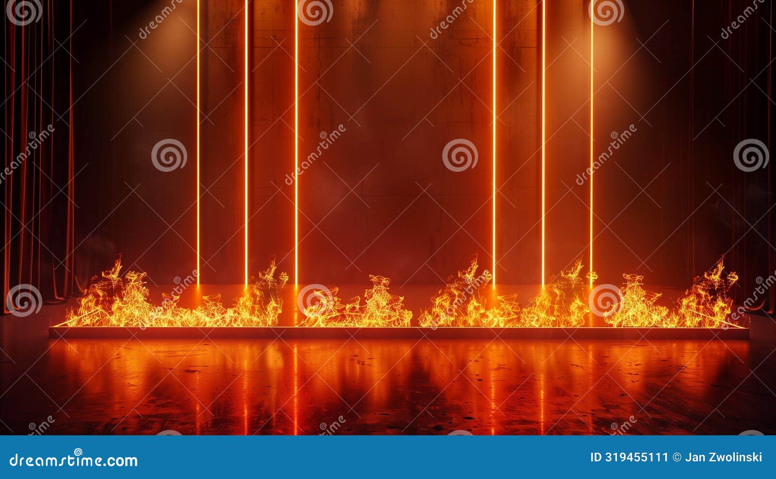 Empty Stage with Fire Flames instead of Lights Stock Illustration ...