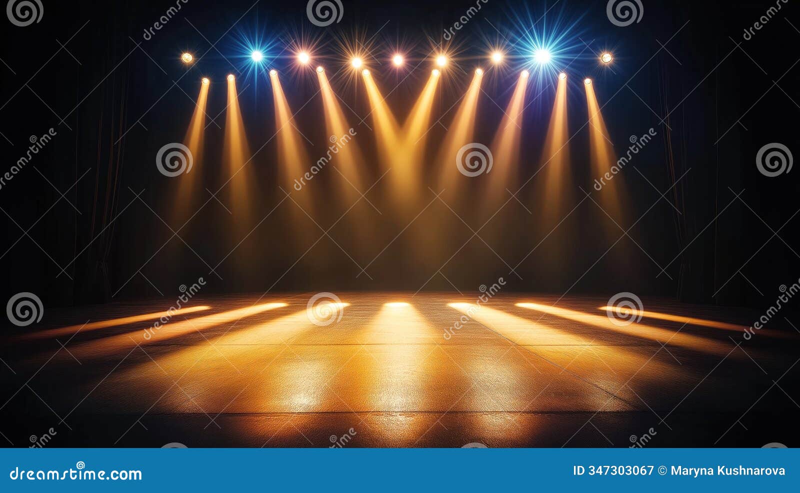 Empty Stage Illuminated by Spotlights. Golden, Warm Light Beams ...