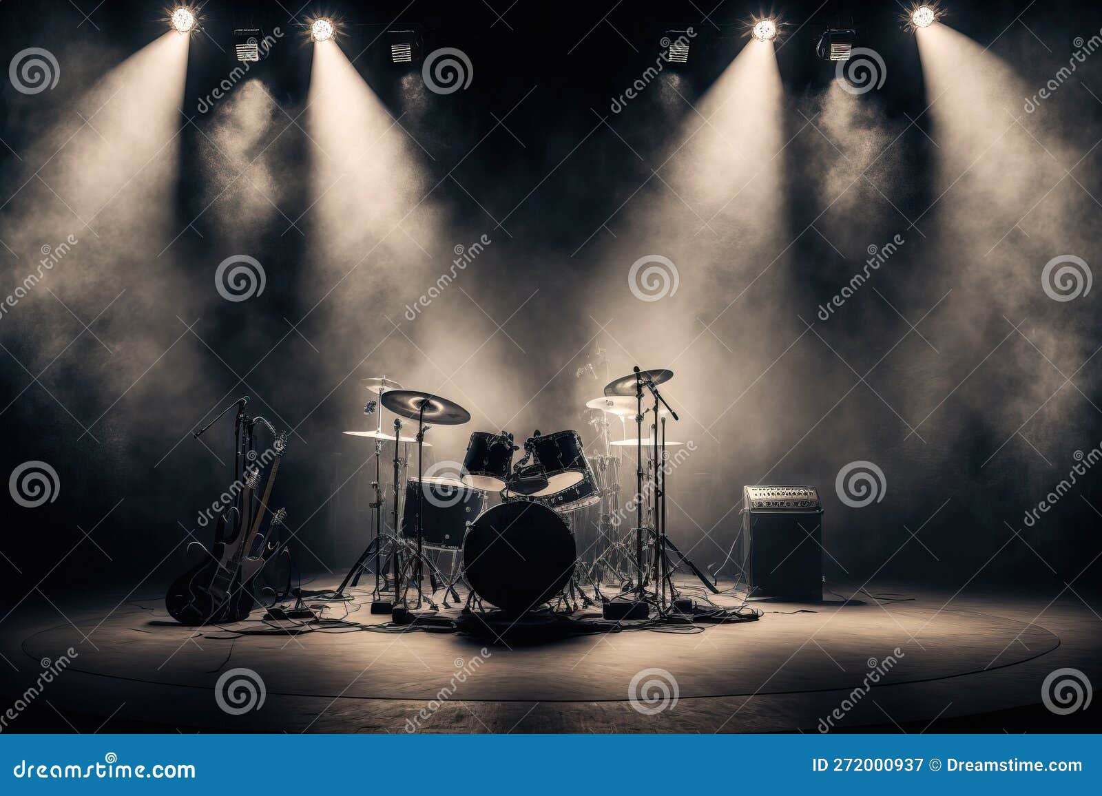 Empty Stage With Lighting, A Drum Set, A Guitar, And Mics Royalty-Free Stock Photo ...