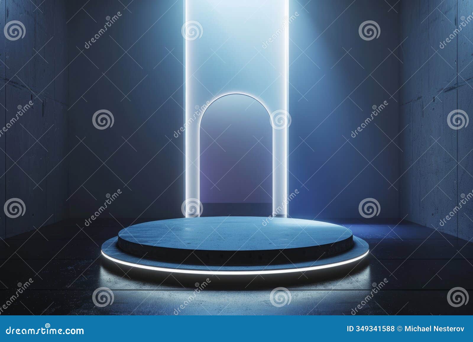 Empty Stage with Round Neon Backlight Illuminating Concrete Platform ...