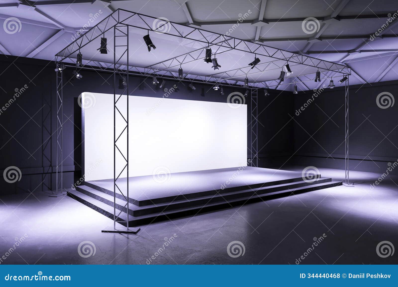 Empty Stage Setup with Lighting in Exhibition Space. 3D Rendering Stock ...