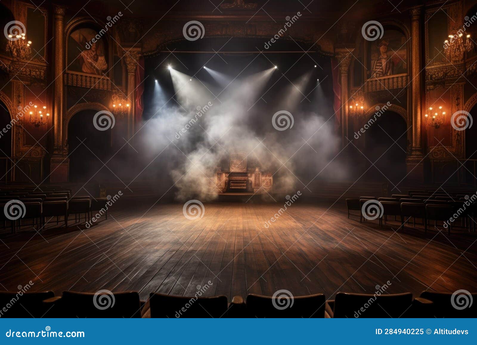 Empty Stage with Spotlight and Smoke Effects Stock Illustration ...