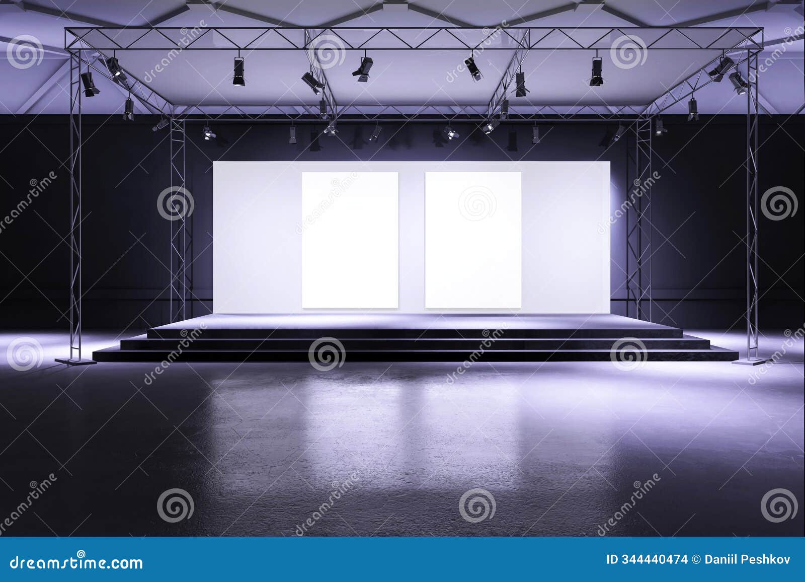 Empty Stage with White Panels and Lighting Setup. 3D Rendering Stock ...