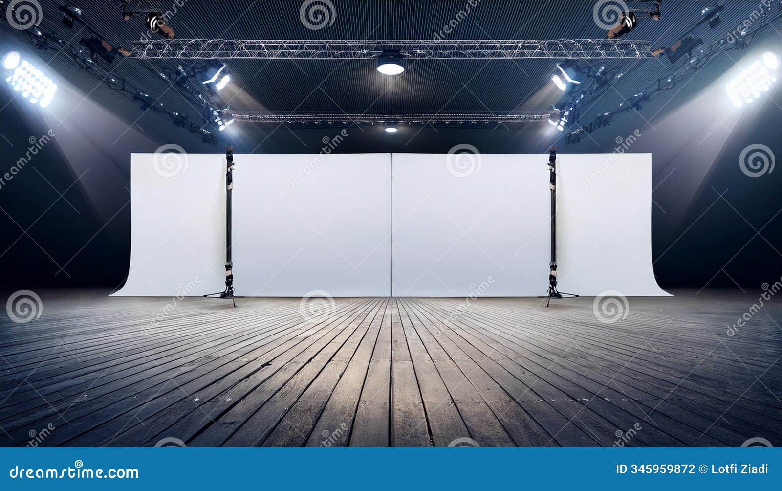 Empty Stage with White Panels and Lighting Setup. 3D Rendering Stock ...